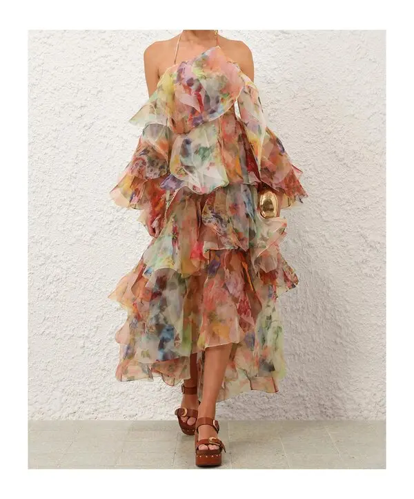 Zimmermann Luna Fanned Maxi Dress In Spliced Floral - Nude
