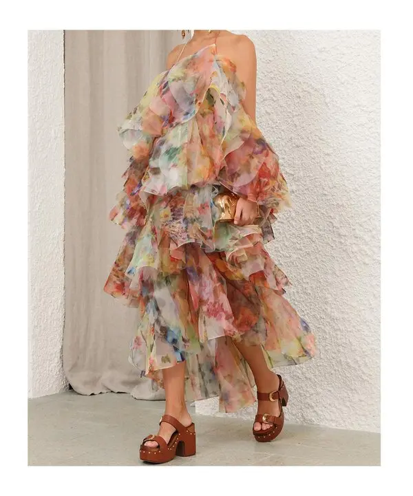 Zimmermann Luna Fanned Maxi Dress In Spliced Floral - Nude