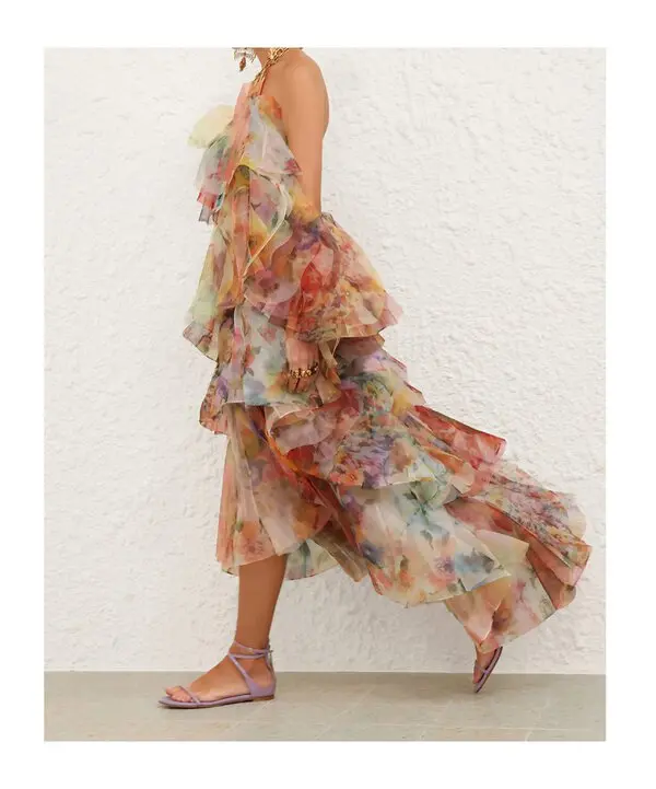 Zimmermann Luna Fanned Maxi Dress In Spliced Floral - Nude