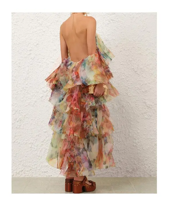 Zimmermann Luna Fanned Maxi Dress In Spliced Floral - Nude