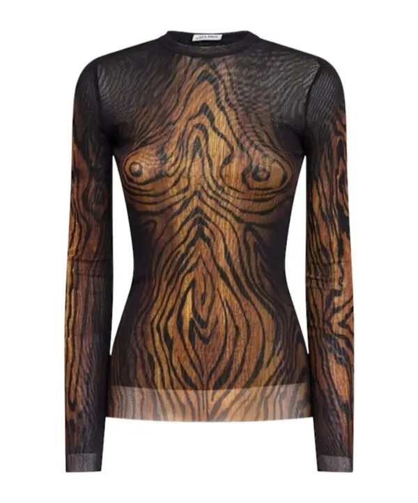 JEAN PAUL GAULTIER Wood Grain Print Mesh Long Sleeve Top - Black