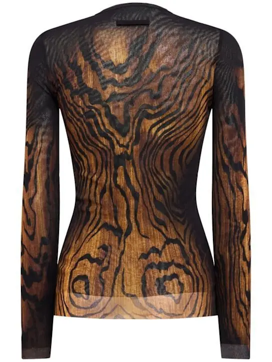 JEAN PAUL GAULTIER Wood Grain Print Mesh Long Sleeve Top - Black