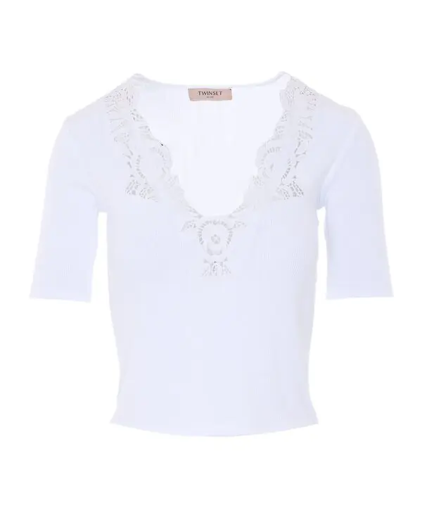 TWINSET Lace Trim Cropped T-shirt - White