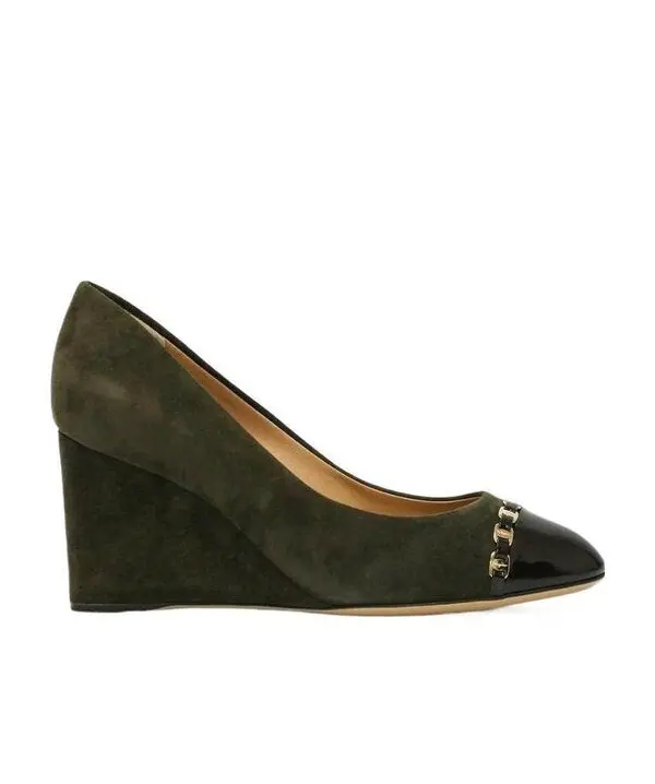 FERRAGAMO Dark Green Suede Wedge Heels - Black