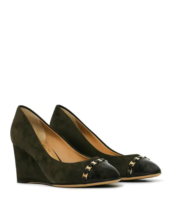 FERRAGAMO Dark Green Suede Wedge Heels - Black