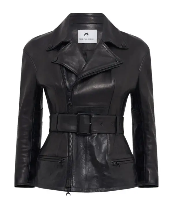 MARINE SERRE Belted Leather Perfecto Jacket - Black