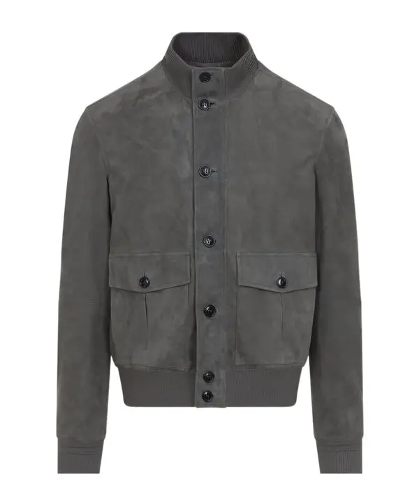 Zegna Leather Jacket With Stand Collar - Black