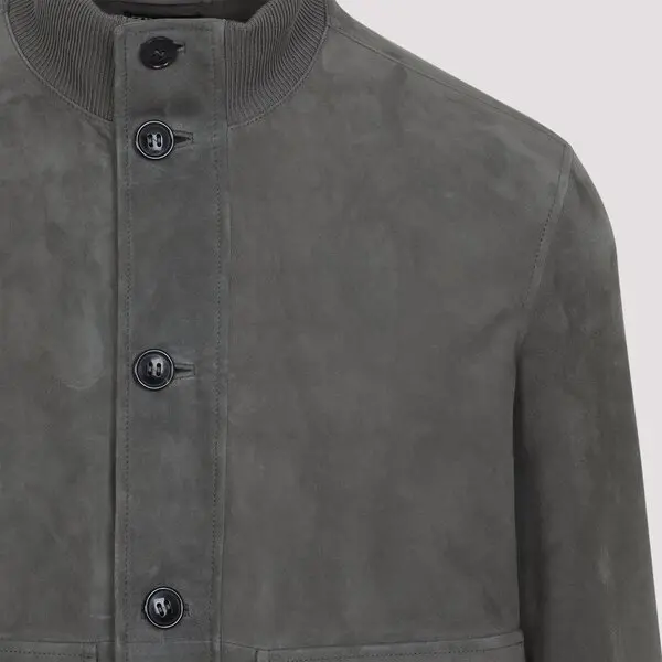 Zegna Leather Jacket With Stand Collar - Black