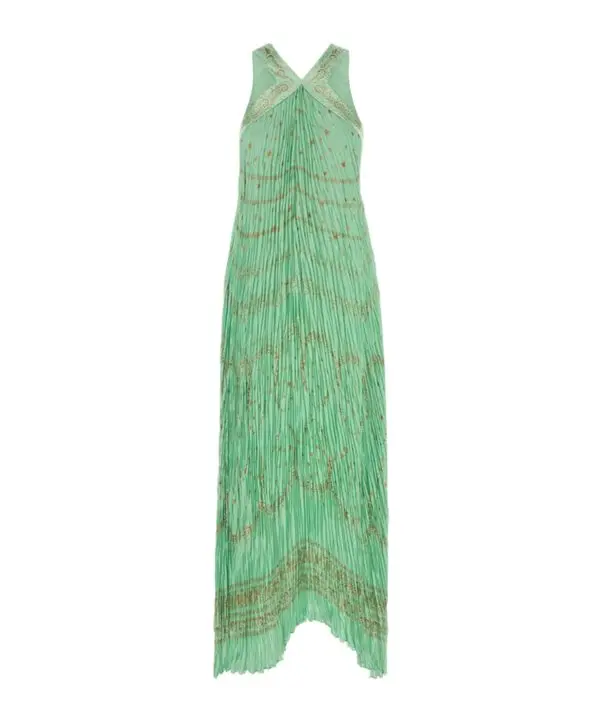 Alberta Ferretti Pleated Embellished Halterneck Maxi Dress