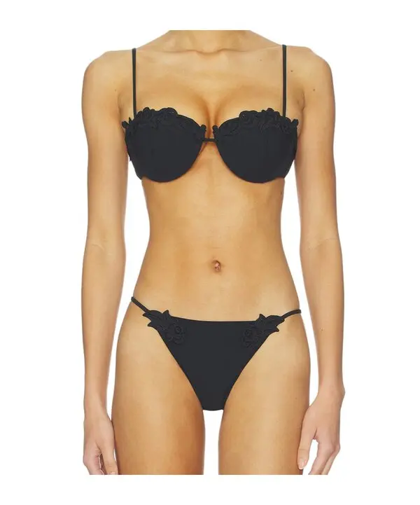 Cult Gaia Greta Flower-embroidered Bikini Top - Black