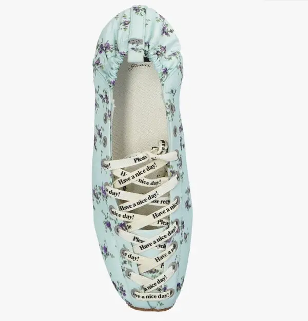 GANNI Sporty Ballerinas In Blue Nylon With Floral Pattern - Green