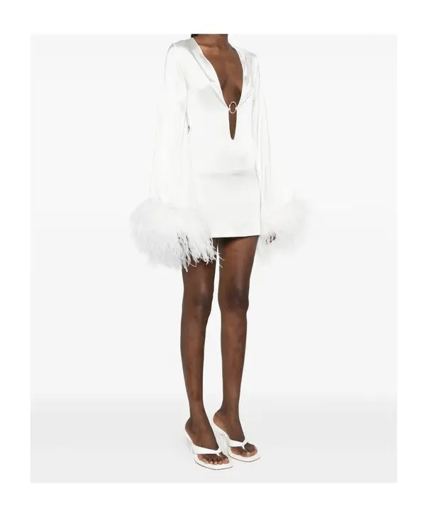 Oseree Feather-trim Mini Dress - Pearl