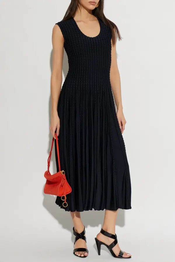 Alaïa Sleeveless Textured Pleated Flare Dress - Navy