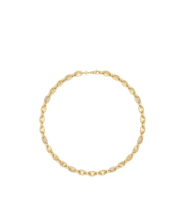 Tory Burch Polished Finish Crystal Embellished Link Necklace - Light Brass / Crystal