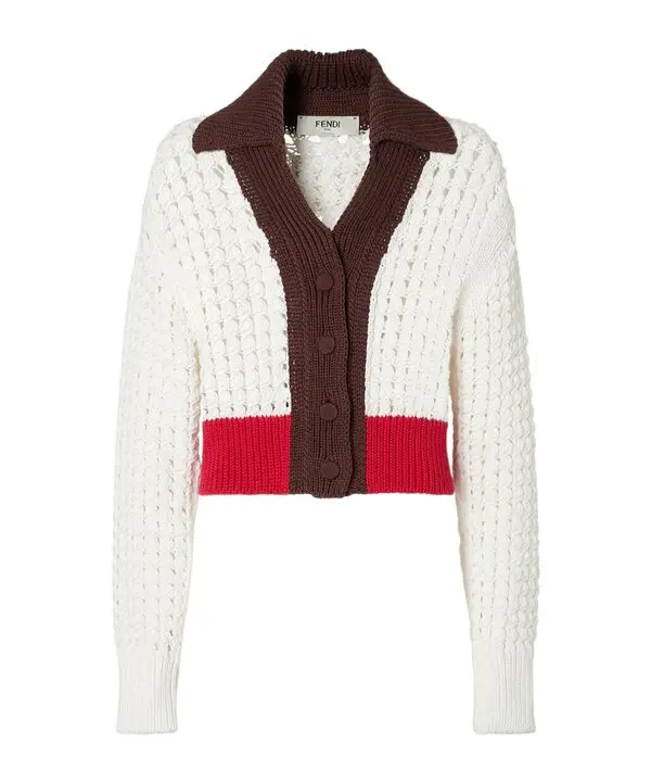 Fendi Collared Chunky Knit Cardigan - White, Brown And Red