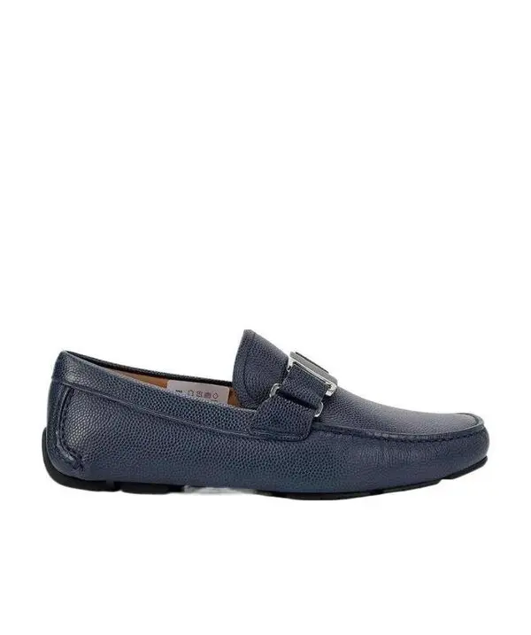 FERRAGAMO Navy Blue Buckled Loafers - Black