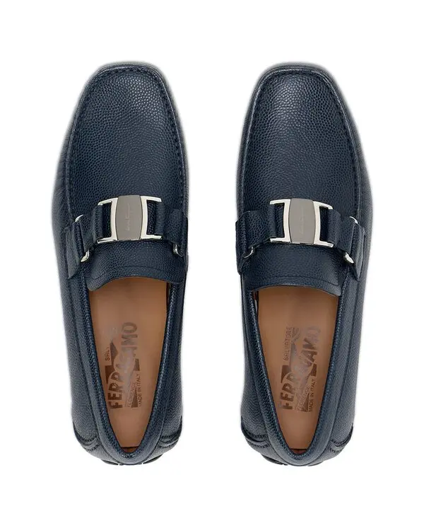 FERRAGAMO Navy Blue Buckled Loafers - Black