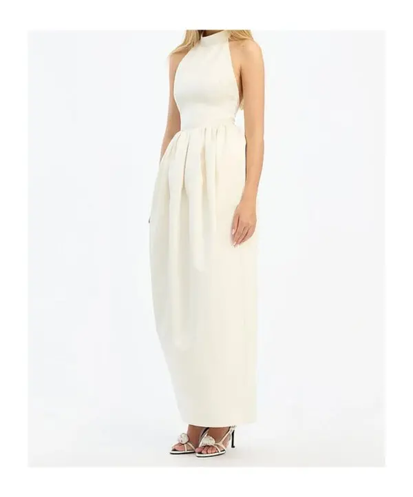 ROTATE BY BIRGER CHRISTENSEN Halterneck Satin Maxi Dress With Mandarin Collar And Open Back - White