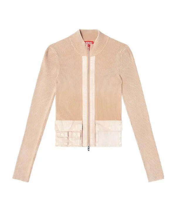 DIESEL® Rib-knitted Mock Neck Cardigan With Denim Accents