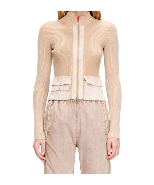 DIESEL® Rib-knitted Mock Neck Cardigan With Denim Accents
