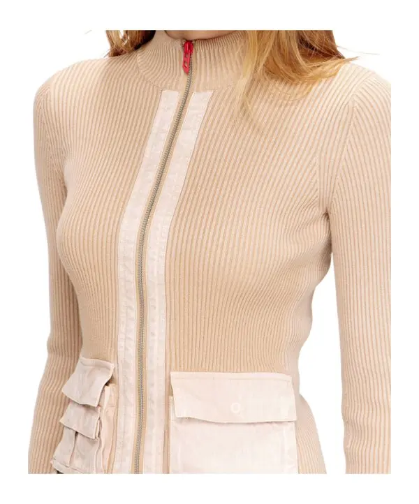 DIESEL® Rib-knitted Mock Neck Cardigan With Denim Accents