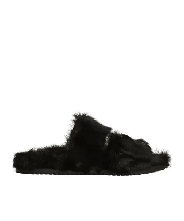 Dolce & Gabbana Furry Cross-strap Slides - Black
