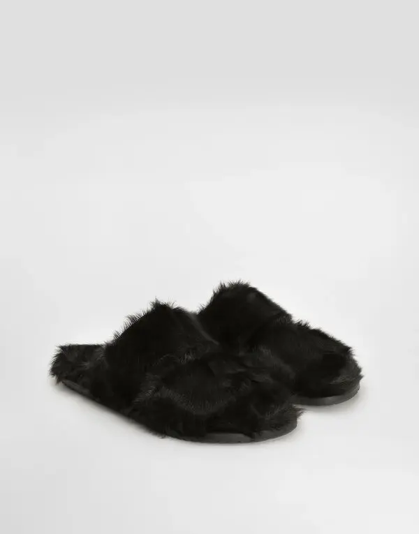 Dolce & Gabbana Furry Cross-strap Slides - Black