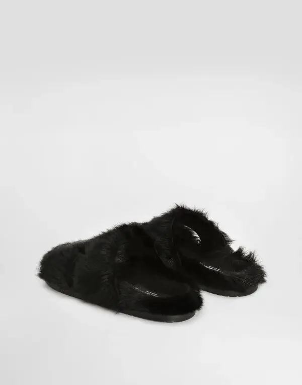 Dolce & Gabbana Furry Cross-strap Slides - Black