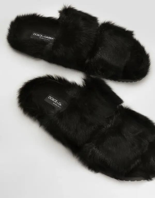 Dolce & Gabbana Furry Cross-strap Slides - Black