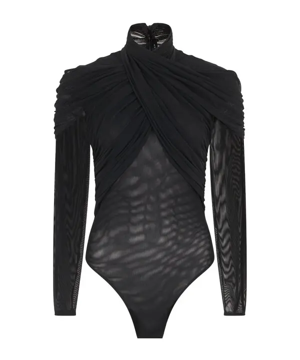 MUGLER Draped Mesh Long Sleeve Bodysuit
