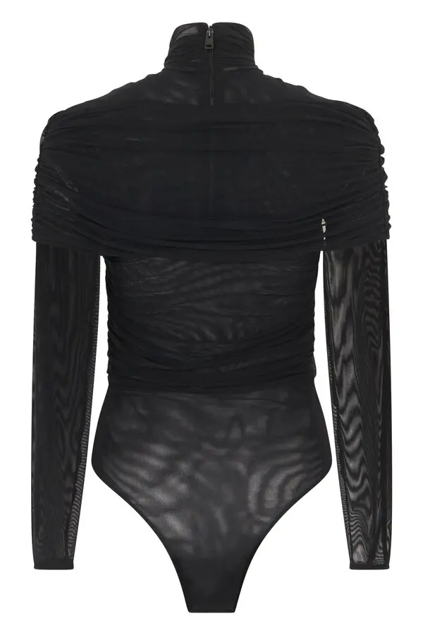 MUGLER Draped Mesh Long Sleeve Bodysuit