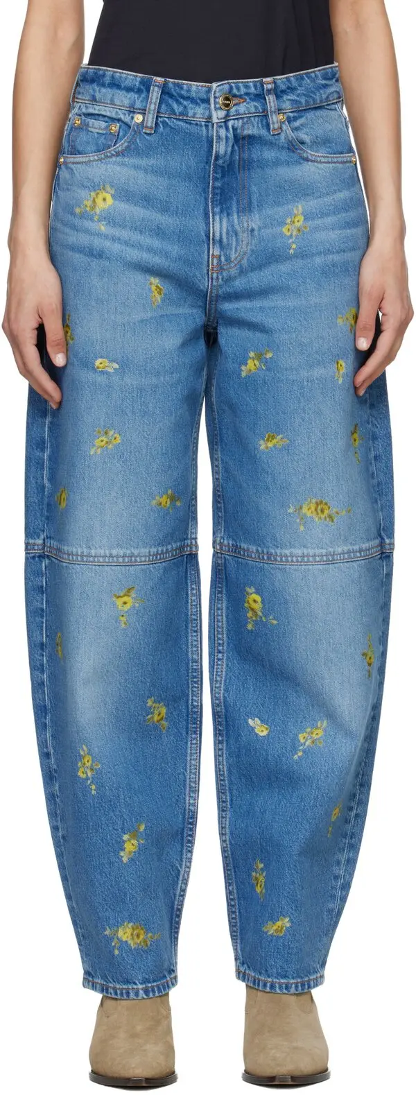 GANNI High Waist Floral Embroidered Jeans - Blue