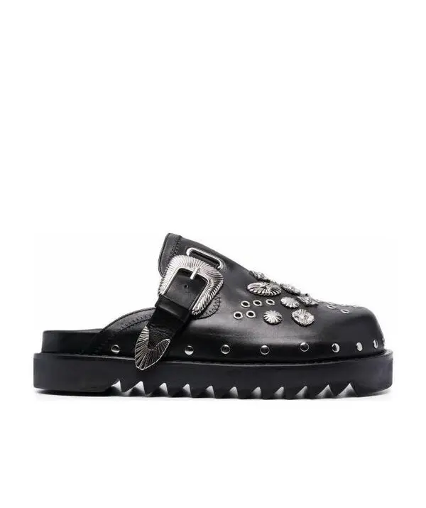 TOGA VIRILIS Silver Embellished Leather Clogs - Black