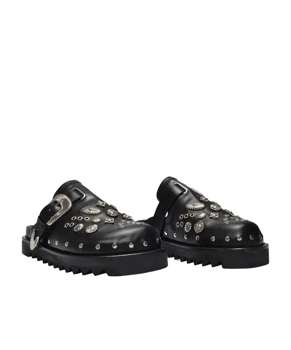 TOGA VIRILIS Silver Embellished Leather Clogs - Black
