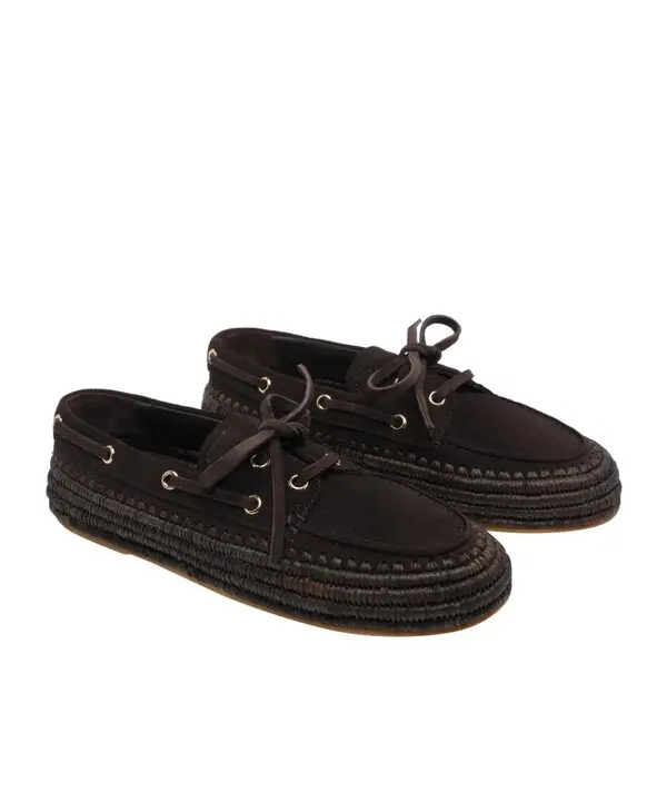 PALOMA BARCELO Penelope Lace-up Flat With Raffia Detailing - Chocolate