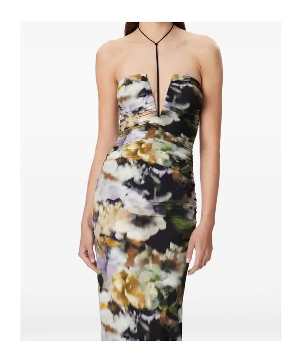 AMAZUIN Strapless V-neck Floral Print Knotted Ruched Midi Dress