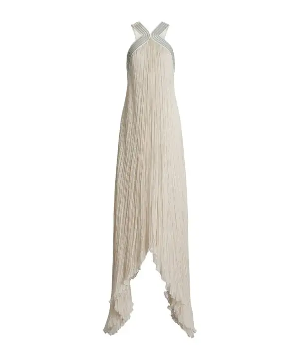 Alberta Ferretti Plissé Metallic Embroidered Collar Chiffon Gown