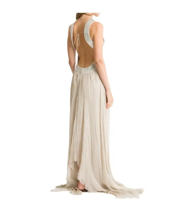 Alberta Ferretti Plissé Metallic Embroidered Collar Chiffon Gown