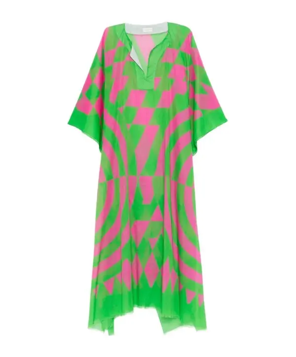 Dries Van Noten Oversized Graphic Printed Kaftan With Fringed Hems - Green