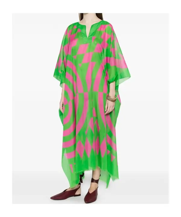 Dries Van Noten Oversized Graphic Printed Kaftan With Fringed Hems - Green