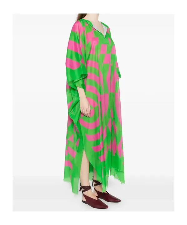 Dries Van Noten Oversized Graphic Printed Kaftan With Fringed Hems - Green