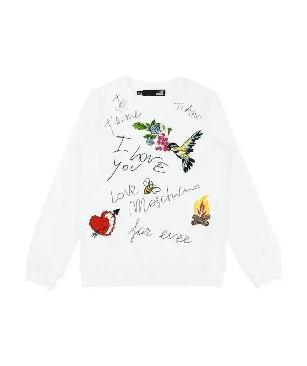 Moschino Printed Round Neck Long Sleeve Sweater - White