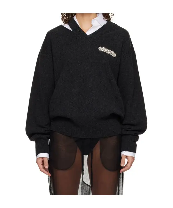Simone Rocha V-neck Embellished Wool Blend Sweater - Black