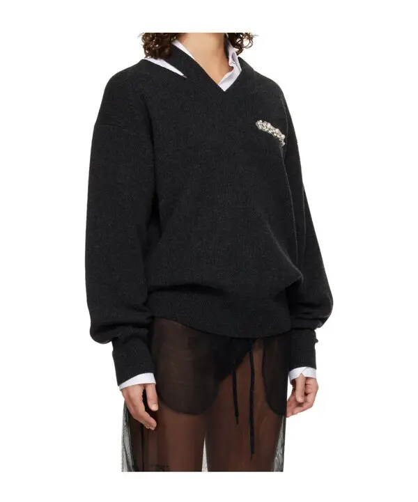 Simone Rocha V-neck Embellished Wool Blend Sweater - Black