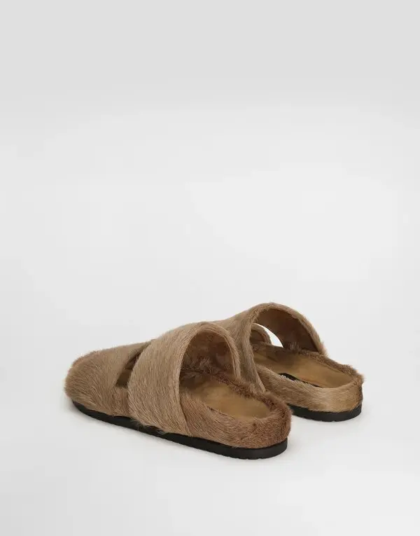 Dolce & Gabbana Furry Cross-strap Slides - Brown