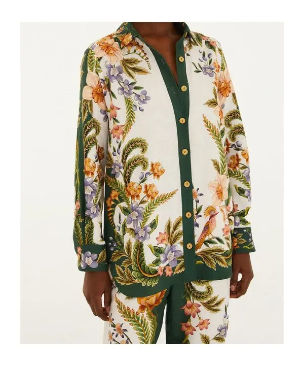 Farm Rio Floral Print Long Sleeve Shirt - Sand-colored