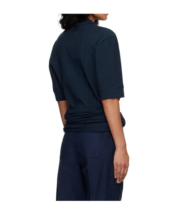 Victoria Beckham Ribbed Knit Polo Top With Twist Detail - Black