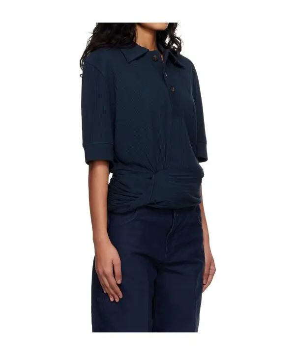Victoria Beckham Ribbed Knit Polo Top With Twist Detail - Black