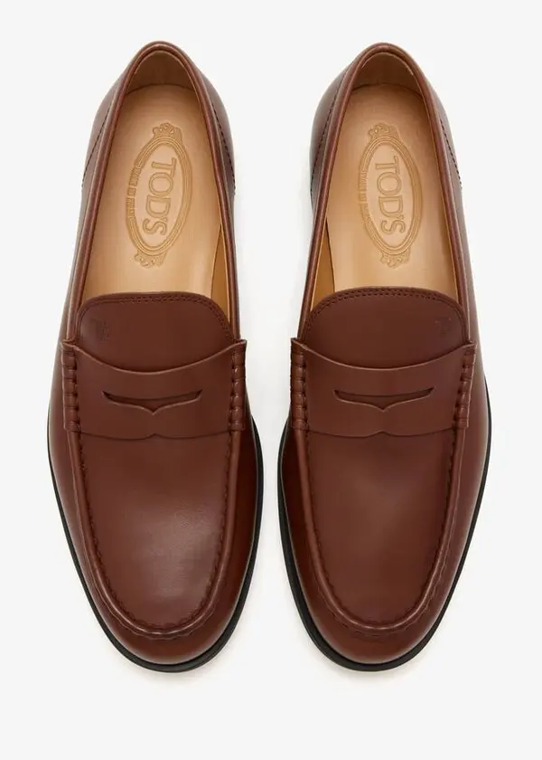 TOD'S Leather Round Toe Loafers - Brown