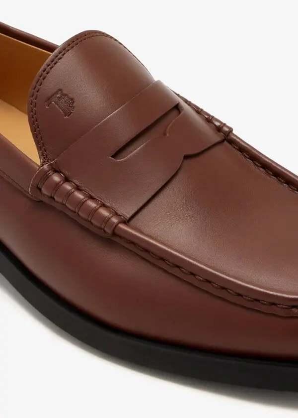 TOD'S Leather Round Toe Loafers - Brown